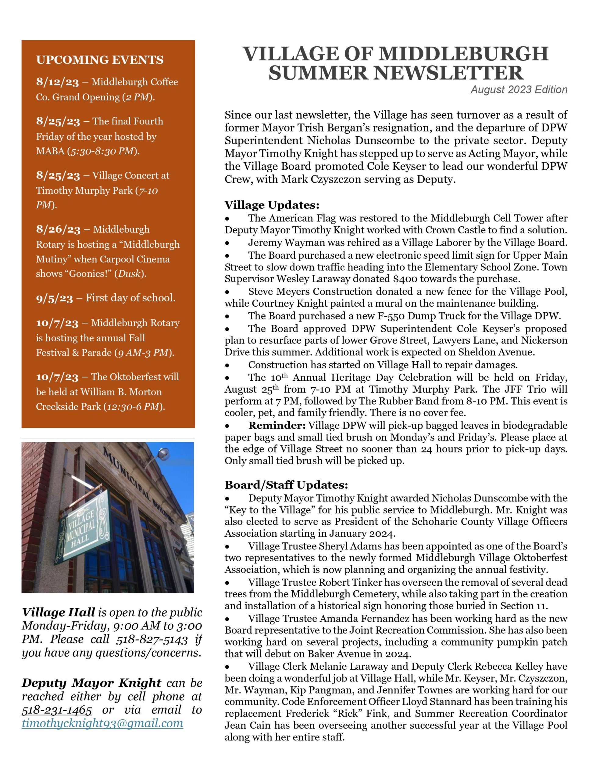 Village of Middleburgh Summer Newsletter – Village of Middleburgh ...