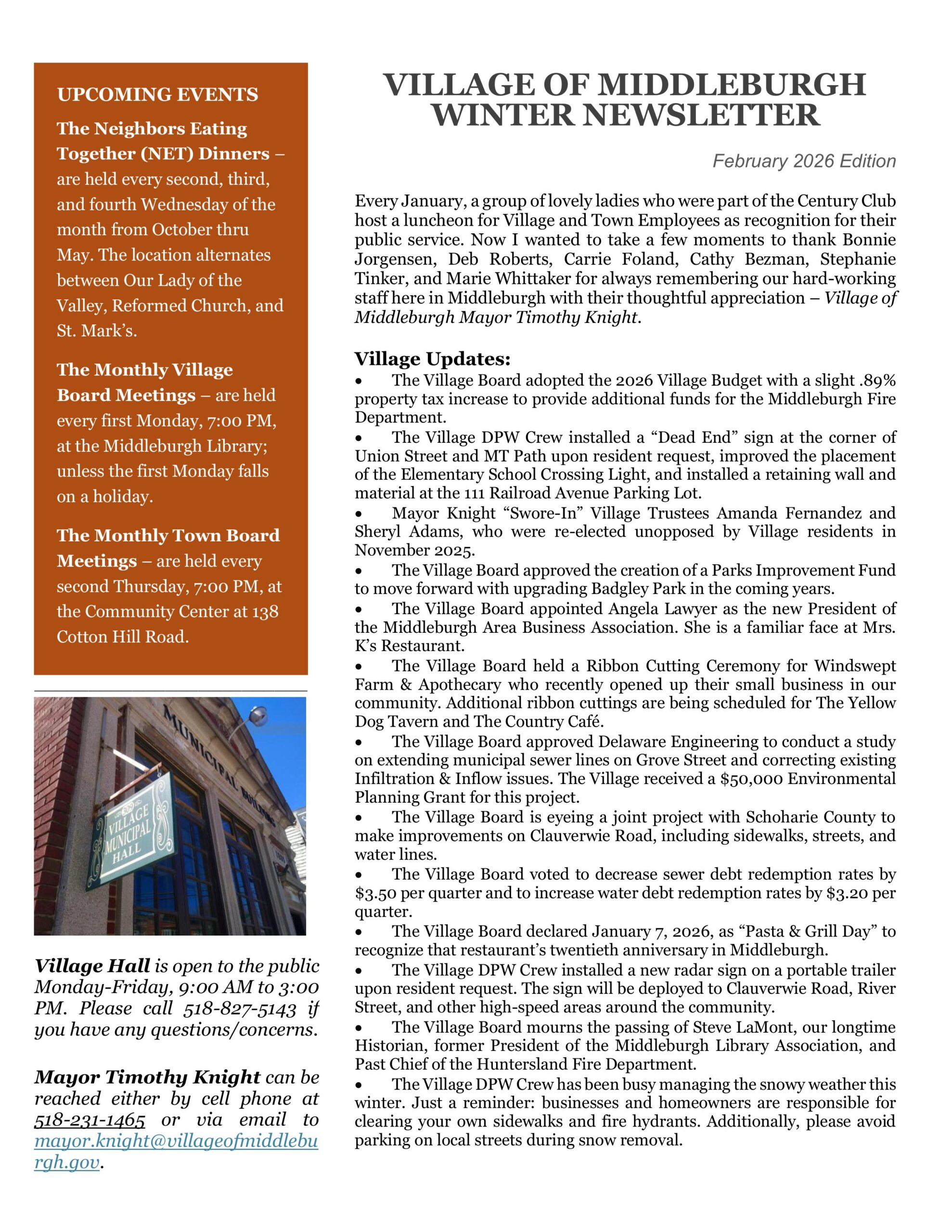 Village of Middleburgh Winter 2026 Newsletter – Village of Middleburgh ...